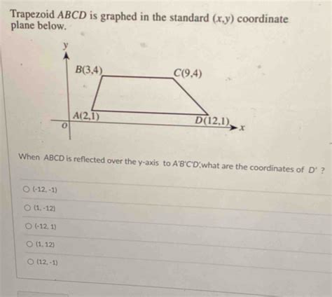 Solved: Trapezoid ABCD is graphed in the standard (x,y) coordinate plane below. When ABCD is ...