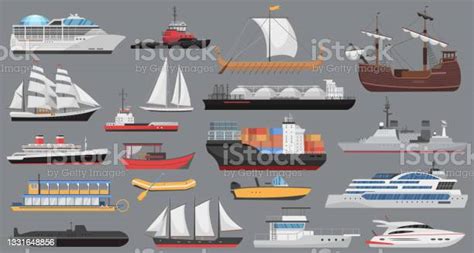 Ship Set Sea Ocean Transport Vessel Boat Sailboat Yacht Cruise Liner Marine Cargo Stock