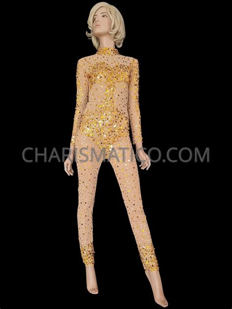 Full Sleeve Nude Catsuit With Gold Sequins