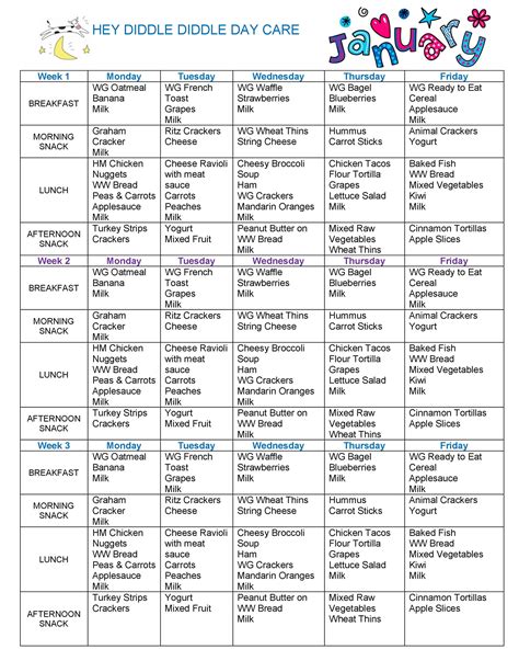 Printable Menus Daycares