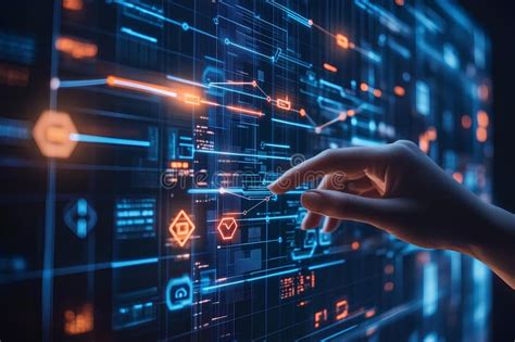 a futuristic scene of a blockchain network visualized in a high tech