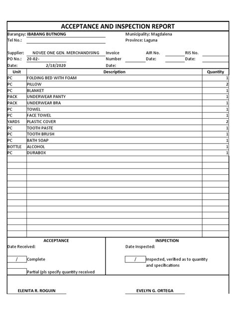 Acceptance And Inspection Report Unit Description Quantity Pdf
