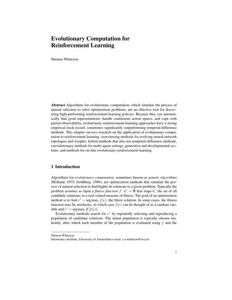 Pdf Evolutionary Computation For Reinforcement Learning