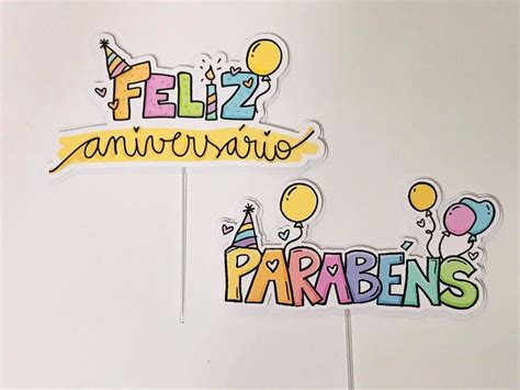Topo De Bolo Topper Parabéns Feliz Aniversário Kit Com 10 Un