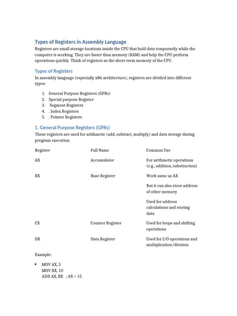 Types Of Registers In Assembly Language Pdf Pointer Computer