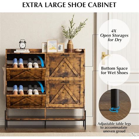 Garvee Brown Shoe Cabinet With 4 Flip Drawers Freestanding Organizer