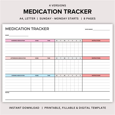 Weekly Medication Tracker Printable Prescription Tracker Medicine Log For Nurses And Caregivers