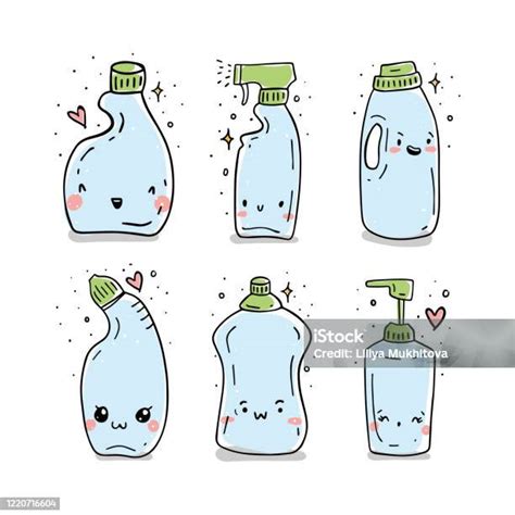 웃는 인간의 얼굴 낙서 만화 스타일로 그려진 손으로 설정 재미있는 세제 병 문자 흰색 배경에 격리된 벡터 그림입니다 세정클렌징 제 등장인물에 대한 스톡 벡터 아트 및 기타