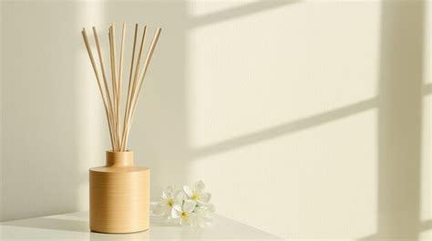Wooden Diffuser Sticks With White Flowers On A White Table With
