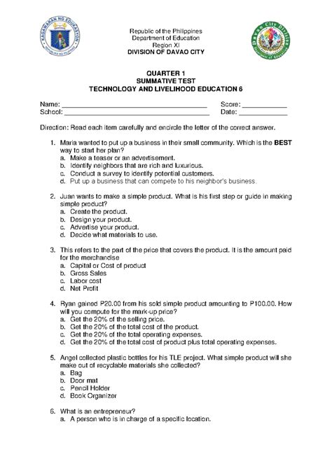 Q1 Tle 6 Summative Test Tle Republic Of The Philippines Department