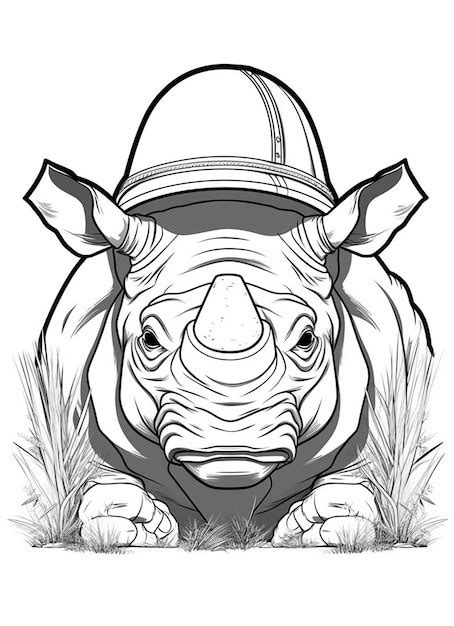 Premium Ai Image A Black And White Rhino Wearing A Hat And Sitting In The Grass Generative Ai