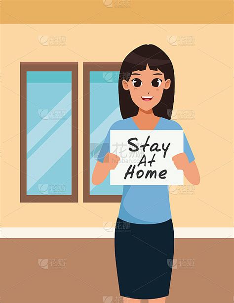 妇女打着待在家里的横幅