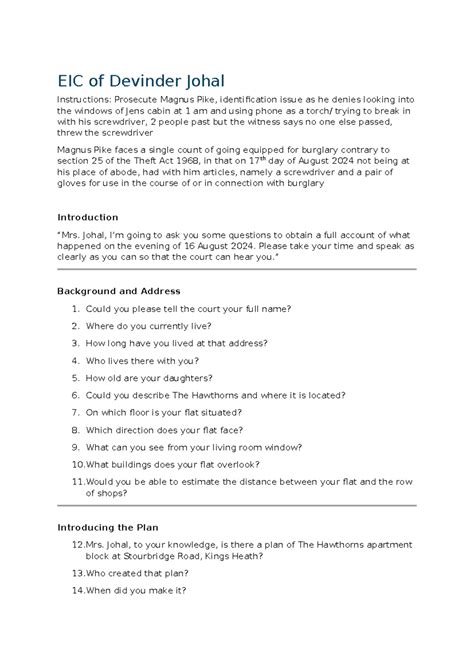 Eic Of Devinder Johal Examination In Chief Script For Magnus Pike Case