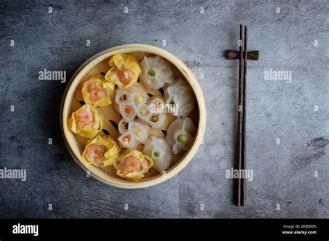 Dim Sum Mix Steamed In Bamboo Wood Basket Large Range Of Small Chinese Dishes That Are