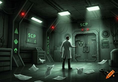A Scientist In A Lab Coat Stands Facing A Heavy Metal Door In A Dark