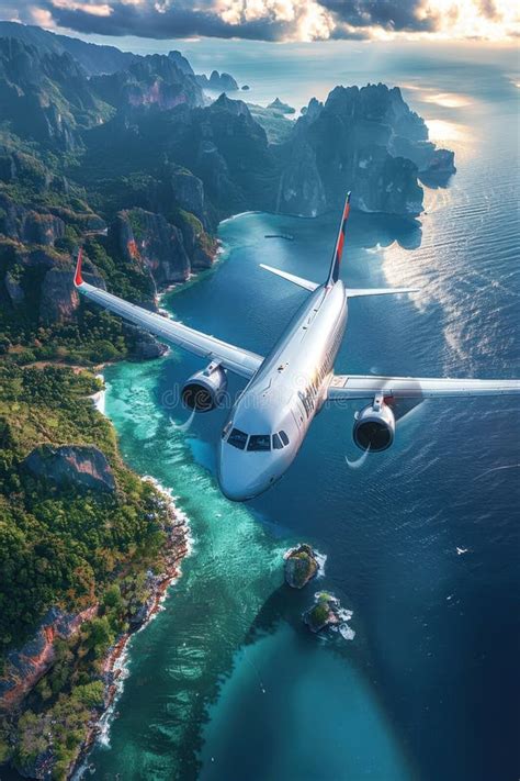 Jet Passenger Airplane Flying Over A Tropical Island The Airliner