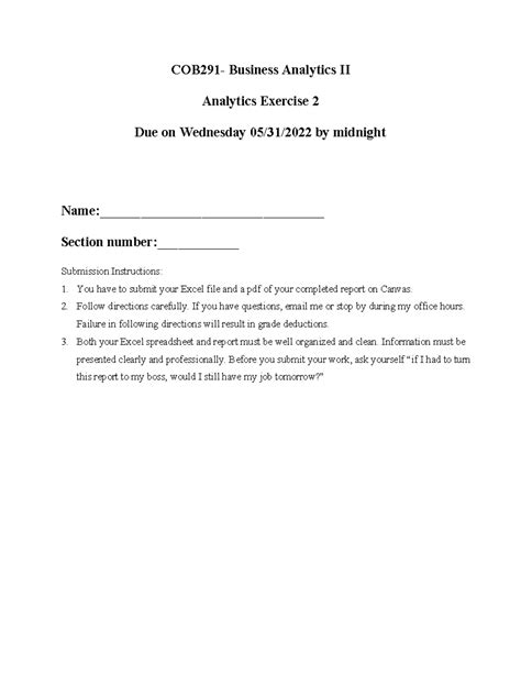 Analytics Excercise 2 Su22 Cob291 Business Analytics Ii Analytics Exercise 2 Due On