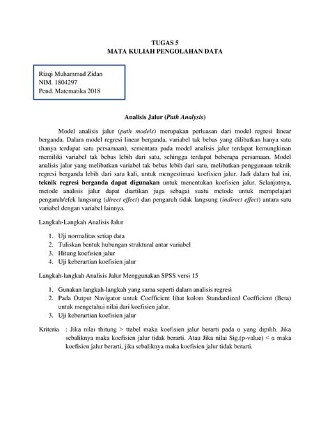 Pengdat 2 Path Analysis Tugas 5 Mata Kuliah Pengolahan Data Rizqi Muhammad Zidan Nim