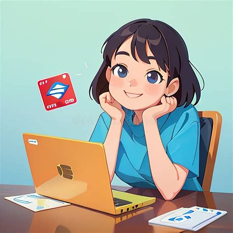 Smiling Young Woman Working On Computer Laptop Notebook Cute Simple Anime Style Illustration