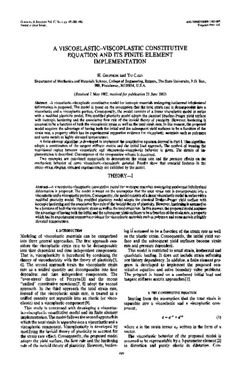 Pdf A Viscoelastic Viscoplastic Constitutive Equation And Its Finite