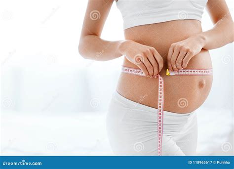 Pregnancy Body Measurements Pregnant Woman Measuring Belly Stock Image