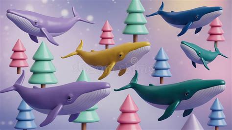 3d Rendered Whales And Pastel Trees In A Soft Background Stock Illustration Illustration Of