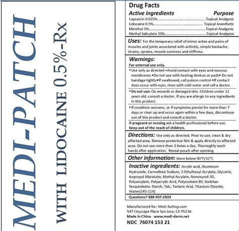 Medi Patch With Lidocaine Package Insert Prescribing Info