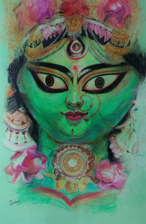 Durga Portrait Green Religious Drawing By Parboni Roy Ghosh
