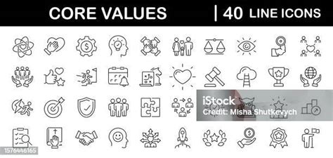라인 스타일의 웹 아이콘의 핵심 값 집합입니다 웹 및 모바일 앱을 위한 핵심 가치 아이콘입니다 성능 혁신 목표 무결성 고객 헌신 품질 팀워크 벡터 그림 정직에 대한 스톡