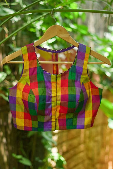 Multicolour Checked Pure Rawsilk Sheer Back Sleeveless Blouse House
