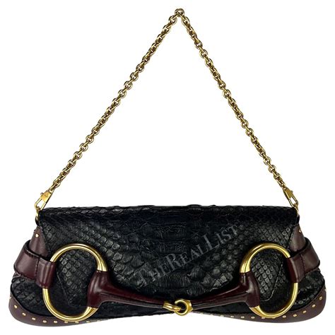 Fw 2003 Gucci By Tom Ford Black Python Burgundy Horsebit Large