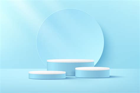 럭셔리 화이트와 블루 컬러 실린더 받침대 연단 라이트 블루 최소 벽 장면 원 배경 및 창 조명 추상적 인 현대 벡터 렌더링 3d 모양제품 디스플레이 프리젠 테이션 3차원