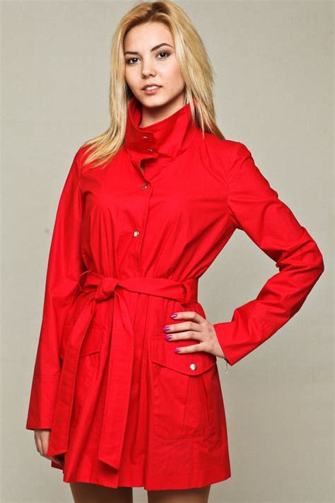 Womens Red Raincoat With Belt Watrproof And Windproof Jacket