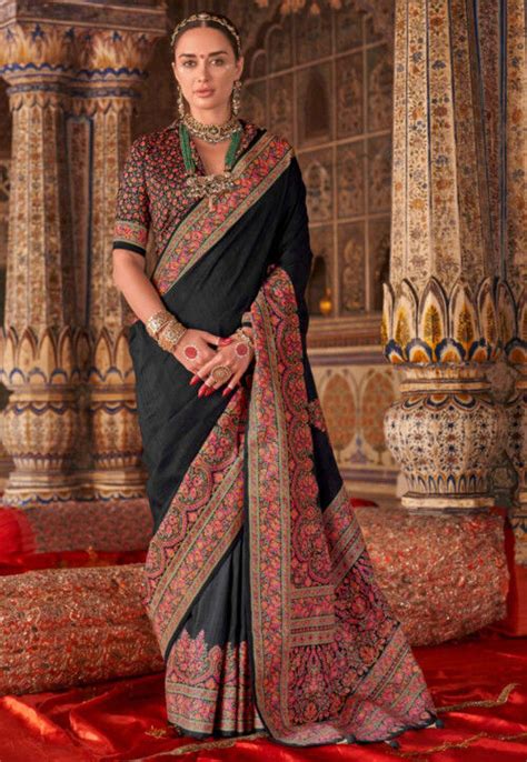 Buy Digital Printed Art Silk Saree In Black Online Ssea7223 Utsav