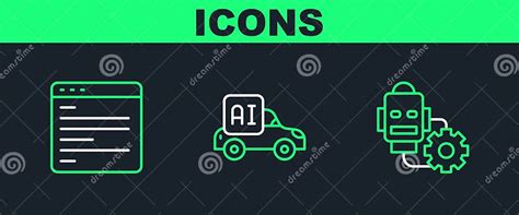 Set Line Robot Setting Computer Api Interface And Autonomous Smart Car Icon Vector Stock