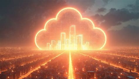 Futuristic Cityscape Illuminated By Glowing Orange Cloud Computing