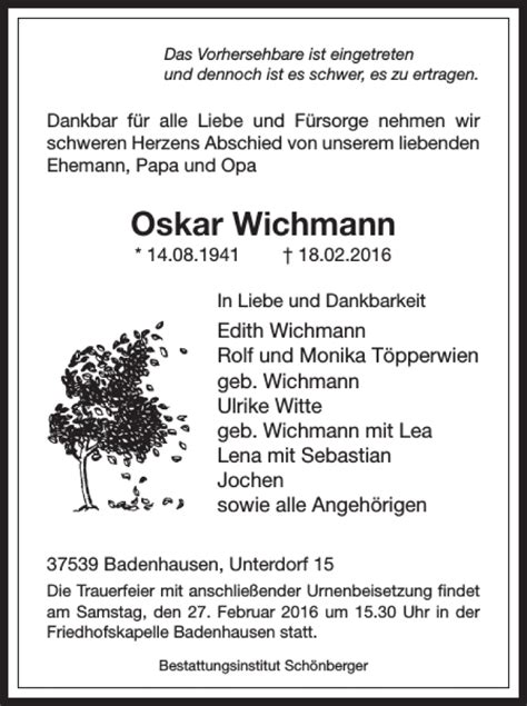 Traueranzeigen Von Oskar Wichmann Harztrauerde