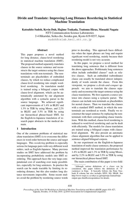 Pdf Divide And Translate Improving Long Distance Reordering In Statistical Machine Translation
