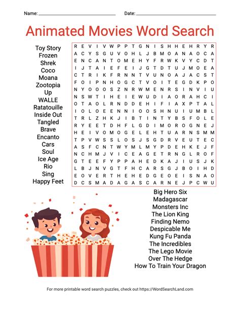 Printable Animated Movies Word Search Pdf And Png Word Search Land