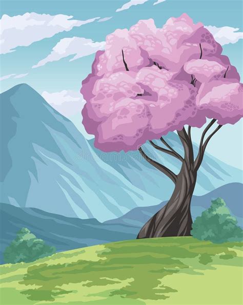 Landscape Anime With Lilac Tree Stock Vector Illustration Of Spring View 257007531
