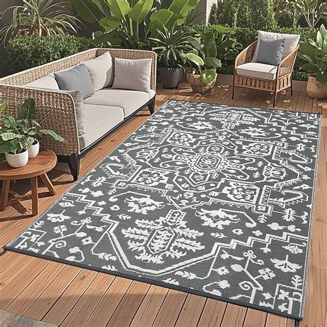 Idealhouse 9x12 Outdoor Rug Modern Striped Reversible Plastic Straw