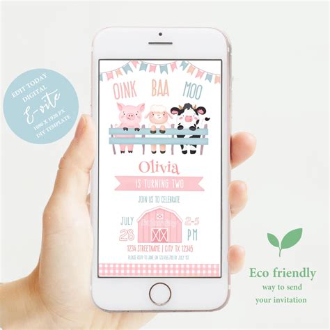 Editable Oink Baa Moo Im Two Invitation Pink Farmyard Invite 5x7 Instant Download Corjl Etsy