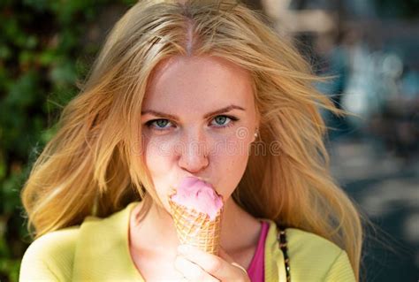 Portrait Of Young Woman Eat Ice Cream Outdoor Romantic Girl With