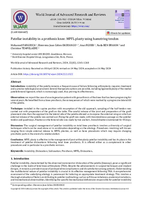 Pdf Patellar Instability In A Prothesis Knee Mpfl Plasty Using