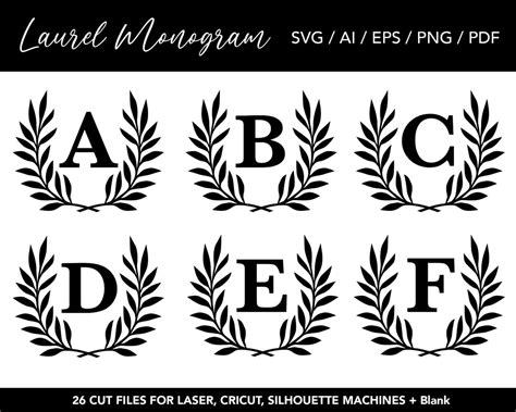 Laurel Wreath Monogram Alphabet Svg Bundle High Quality Svg Eps Ai Pdf Png Cut Files Digital