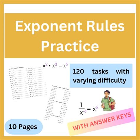 Exponent Rules Practice Worksheet 120 Problems Various Levels Grades