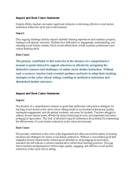 Impact And Root Cause Statement Impact And Root Cause Statement