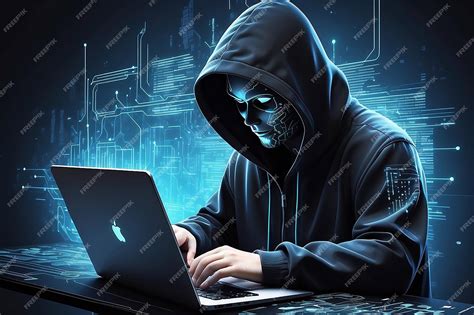 Hacker In A Hood Using A Laptop Coding And Data On A Code Background Digital Symbols And
