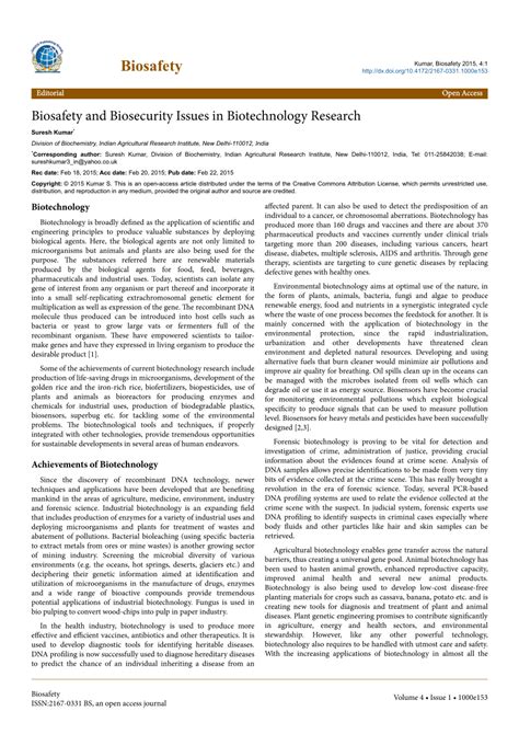 Pdf Biosafety And Biosecurity Issues In Biotechnology Research