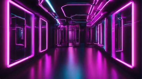 Neon Light Corridor Futuristic Room With Vibrant Lighting On Black